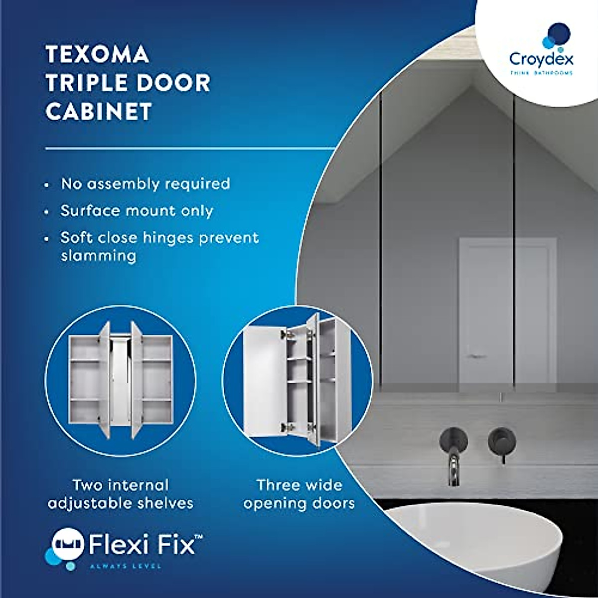 Croydex Texoma Tri-View, Surface Mount Medicine Cabinet, 36W x 30H, White Steel