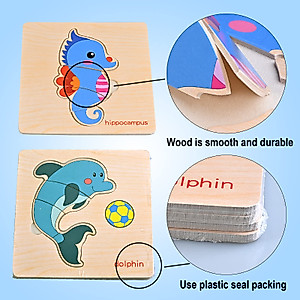 Faburo 8pcs Wooden Puzzles for Toddlers 1-3, Toddler Puzzles Ages 2-4, Montessori Toys for 1-3+ Years Girl Boy, Sea Animal Puzzle for Kids, Jigsaw Puzzles Educational Toys Preschool Puzzles for 1-3