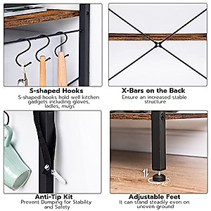 HOOBRO Bakers Rack for Kitchen, 4 Tier Microwave Stand with Storage, Multifunctional Baker's Rack with 8 Hooks, Wooden Kitchen Storage Shelf, Stable Metal Frame, Easy Assembly, Rustic Brown BF04HB01