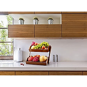 Sushineibor Bamboo Fruit Basket Stand Storage for Kitchen，Large Capacity Home Countertop Standing Wooden Organizer Bread Vegetable Holder Veggies Display Snacks Food Rack (Brown)