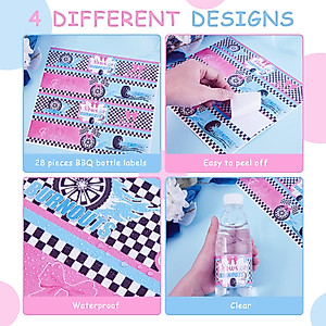 Cheereveal 28PCS Burnouts or Bows Gender Reveal Water Bottle Labels, Beverage Juice Drink Bottle Stickers Birthday Baby Shower Party Decoration