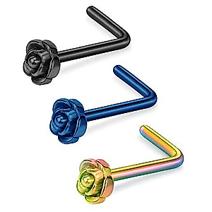 Tvoip 6Pcs 20G Titanium Nose Stud L Bone Shape Elegant Rose Flower Charm Nose Ring Earring Silver Hoop Stud Body Piercing Jewelry