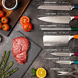 Professional Kitchen Knife Set – 7pcs Multi Colour Kitchen Knives – 360 Degree Rotating Knife Block Sharp Stainless Steel Blades – by Nuovva