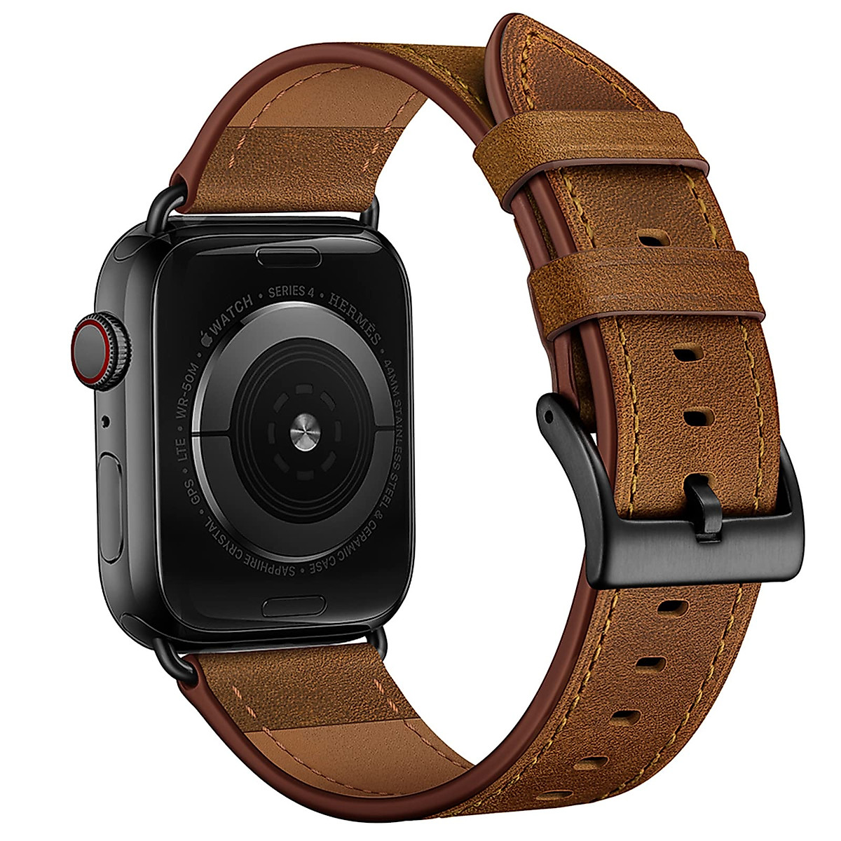 OUHENG Compatible with Apple Watch Band 49mm/46mm/45mm/44mm/42mm, Genuine Leather Band Strap Compatible with Apple Watch Ultra 2/1 Series 10/9/8/7/6/5/4/3/2/1/SE, Retro Brown/Black