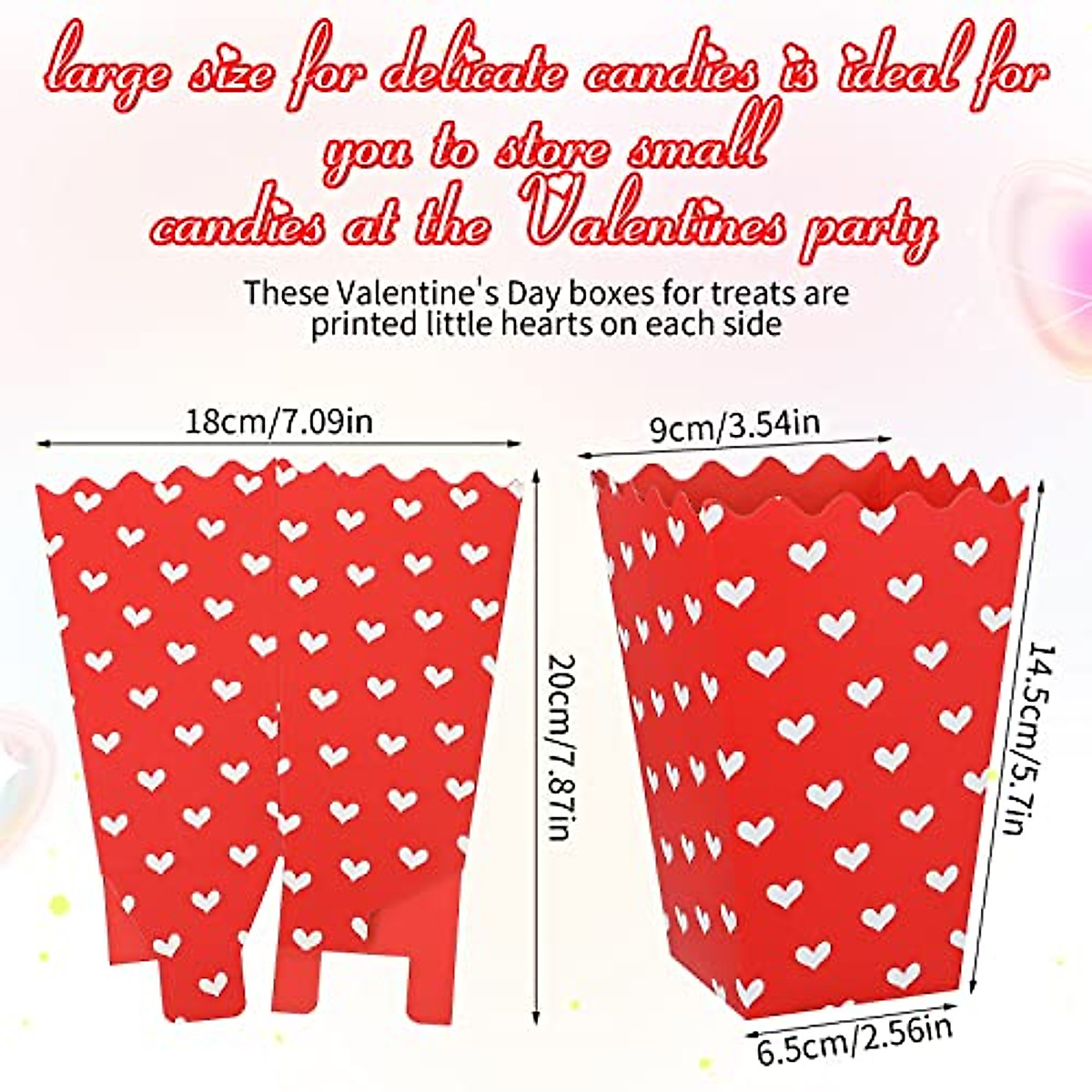 30 Pack Valentine's Day Conversation Hearts Candy Treat Boxes Valentine Hearts Party Favor Popcorn Treat Boxes Red Open Top Popcorn Box for Valentine Dessert Tables and Wedding Favors