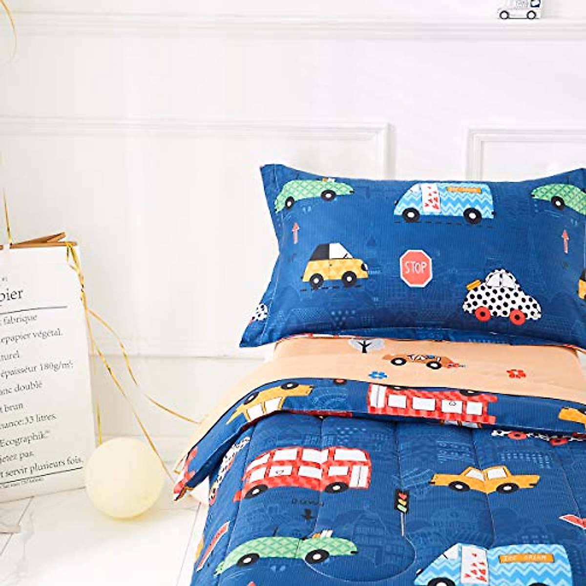 Boys Toddler Bedding Set Navy with Colorful Cars Includes 1 Boys Comforter, Flat Sheet, Fitted Sheet and Pillowcase