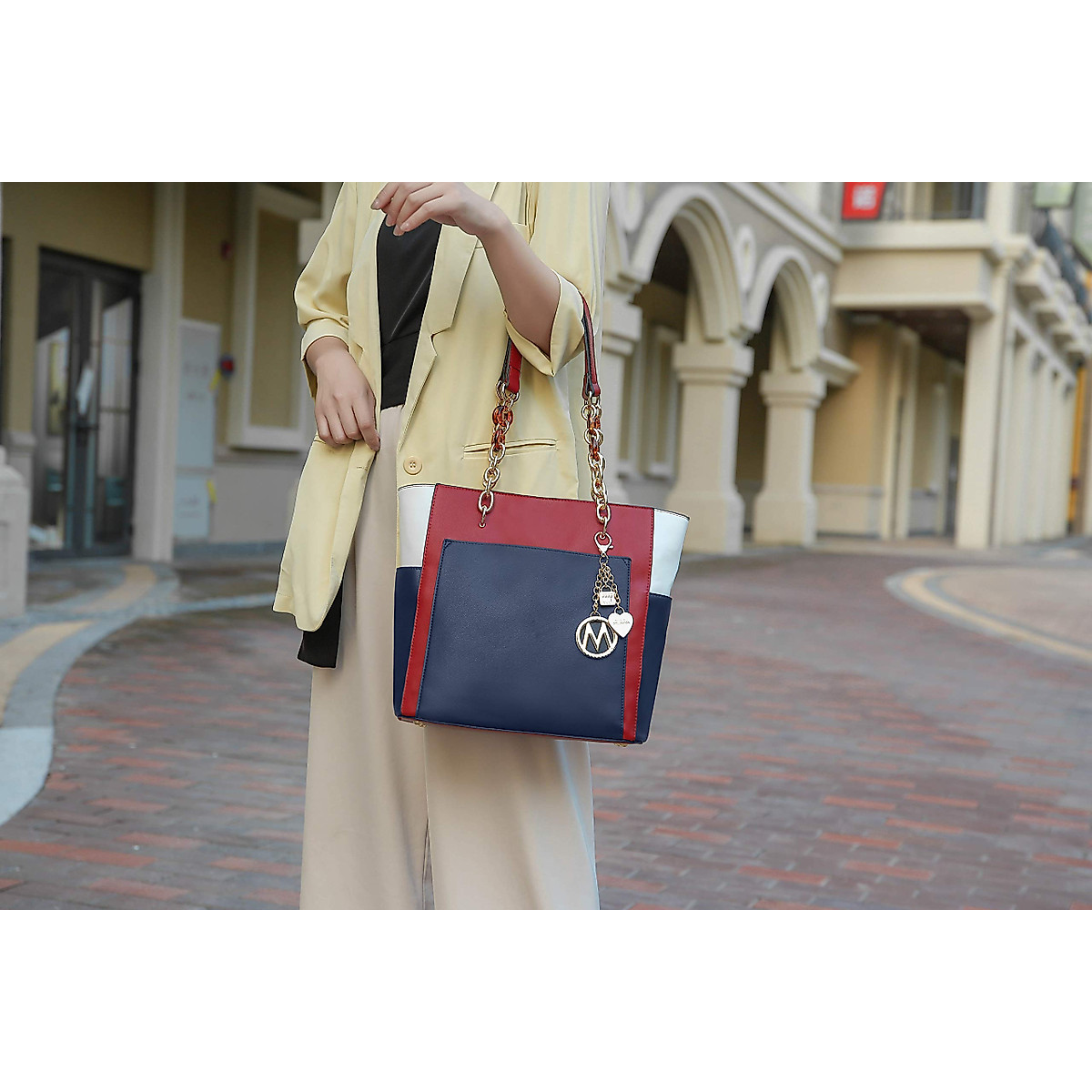 MKF 2-PC Set, Tote Bag for Women & Pouch Purse: PU Leather Handbag Pocketbook, Top-Handle Shoulder Strap Mustard-Olive