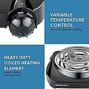 Elite Gourmet ESB301C Countertop Single Coiled Burner, 1100 Watts Electric Hot Plate, Temperature Controls, Power Indicator Lights, Easy to Clean, Black