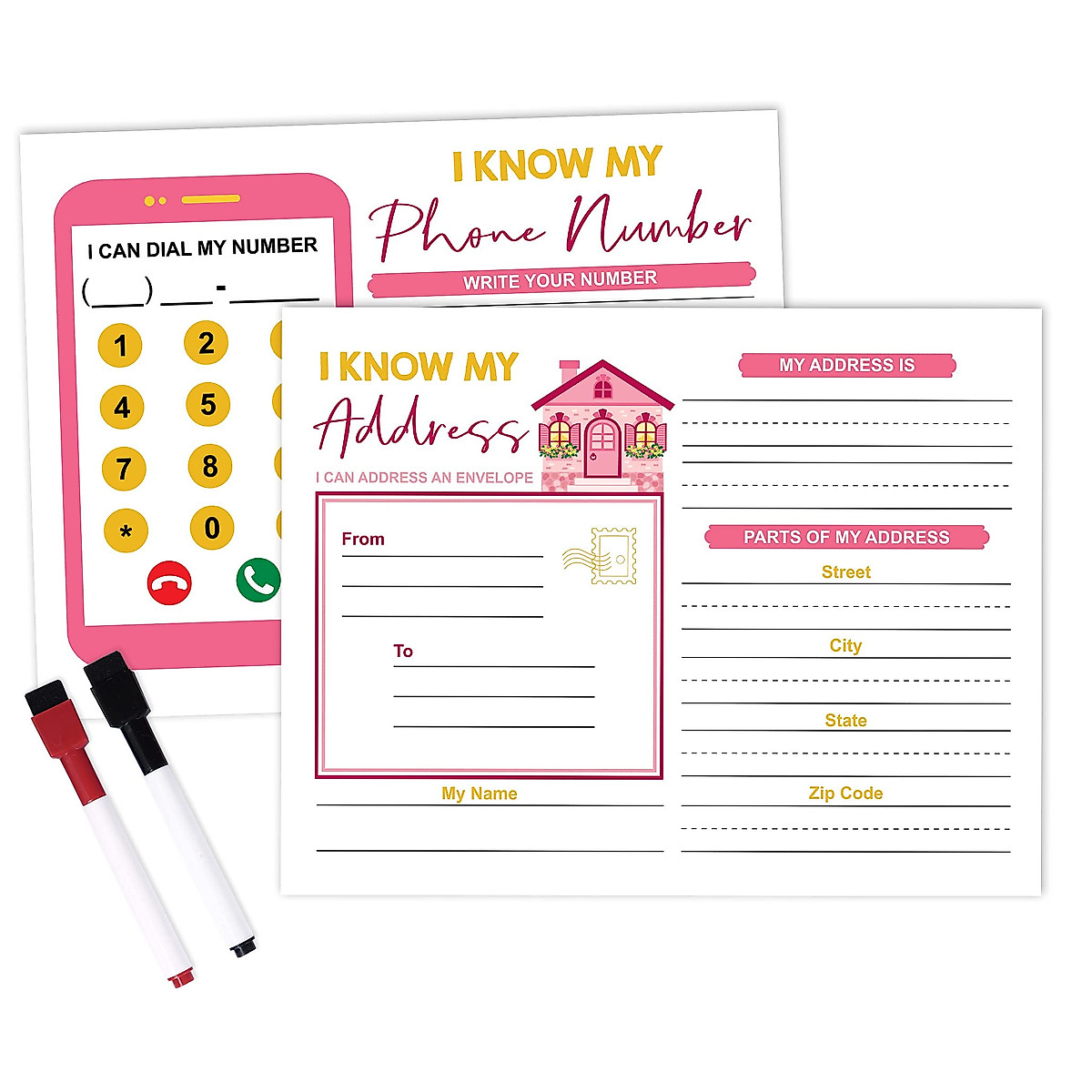 Inkdotpot Dry Erase Practice Worksheet I Know My Address, I Know My Phone Number - Preschool, Kindergarten Laminated Worksheet, Homeschool Activities for Kids with 2 Dry Erase Markers