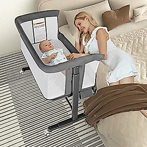 Kinder King Baby Bassinet w/Wheels, Folding Portable Newborn Bedside Sleeper, All-Sided Mesh Infant Crib, Adjustable Height/Angle, Removable Soft Mattress, No Tool to Assemble, Grey