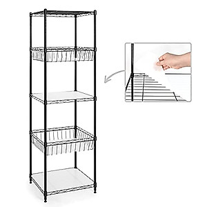 CAPHAUS NSF Adjustable 5 Tier Wire Shelving Unit w/Basket & Liner, Metal Storage Rack Corner Shelves, Storage Rack for Kitchen, Bathroom, Laundry Closet, Metal Wire Shelving w/Basket Shelves Black