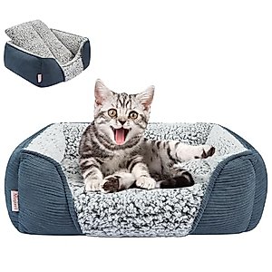 Miguel Washable Cat Beds for Indoor Cats with Removable Cushion, Easy to Wash Small Pet Sofa Bed with Side, Rectangle Bolster Kitten Bed Calming Cuddle Puppy Bed with Anti-Slip Bottom, Blue 18 Inch