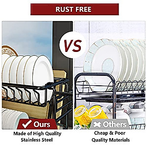 VNKZI Dish Drying Rack, 2 Tier Stainless Steel Multifunctional Large Dish Rack with Drainboard Set, Wine Glass Holder, Utensil Cutting Board Holder, Extra Drying Mat Set, for Kitchen Counter