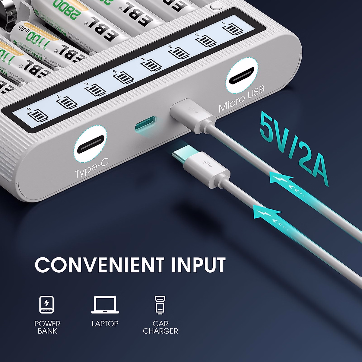 EBL AA AAA Battery Charger, Independent 8 Slots with Advanced Discharge Function, LCD Screen for 1.2V NiMH NiCD Rechargeable Batteries, Micro USB and Type C Input