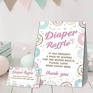 JCVUK Baby Shower Games, 1 Diaper Raffle Standing Sign with 50 Diaper Raffle Tickets,Donut Love Theme Babyshower Party Decorations and Supplies For Boys or Girls(LBLK-B09)