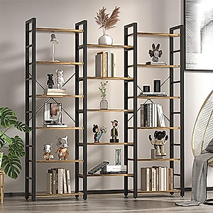 oneinmil Triple Wide 6-Shelf Bookcase Industrial Vintage Wood Style Large Open Bookshelves for Home&Office, Rustic Brown (6 Tier, Rustic Brown)