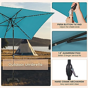 MONDAWE Outdoor Solar LED Patio Umbrella 10 x 6.5 FT Rectangular Market Umbrella with Lights， Tilt and Crank Aluminum Commercial Table Umbrella for Pool Backyard Balcony