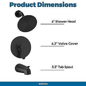 WRISIN Black Shower Faucet Set with Tub Spout, Black Shower Head and Handle Set, Matte Black Shower Fixtures with 6 Inch High-Pressure Rain Shower Head