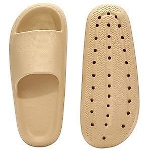 welltree Slides for Women Men Pillow Slippers Non-Slip Bathroom Shower Sandals Soft Thick Sole Indoor and Outdoor Slides,Khaki,7.5-8.5 Women/6-7 Men