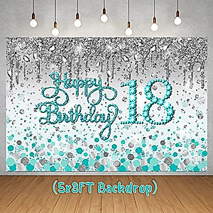 18th Birthday Decorations for Girls Teal Happy 18th Birthday Backdrop ,18 Birthday Sash ,Teal Blue Balloons Garland Kit and Teal Dot Disposable Tablecloth