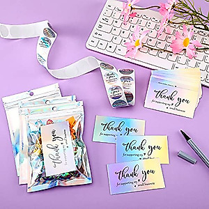 620 Pieces Thank Cards and Stickers Set Thank Gold Foil Stickers Thank for Supporting My Small Business Stickers with Resealable Packaging Bag, Suitable for Business Owners(Holographic)