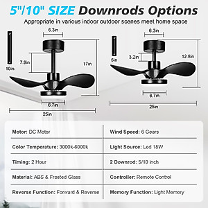 Black Ceiling Fans with Lights and Remote, 25 Inch Indoor Outdoor Dimmable Ceiling Fans with Light, 3 Blades Modern Ceiling Fan Light with DC Motor for Bedroom, Living Room, Kitchen, Office