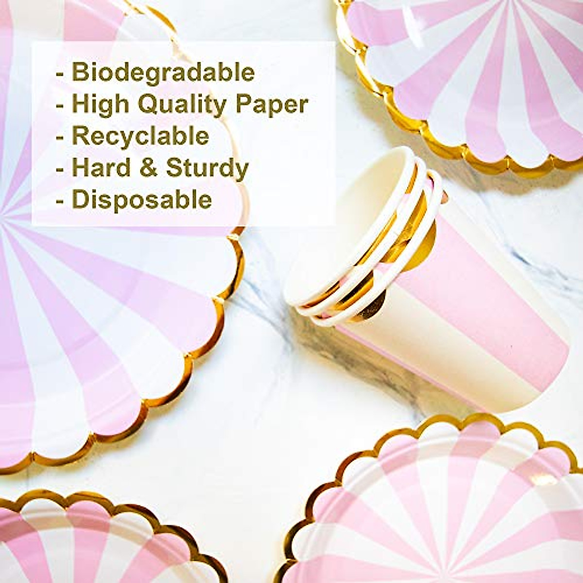 Pink and Gold Foil Party Supplies Set - 90PCS (Serves 30 Guests) Disposable Dinner Dessert Paper Plates 9oz Cups Baby Girl Boy Shower Gender Reveal Bridal Shower Birthday Wedding Party Decoration