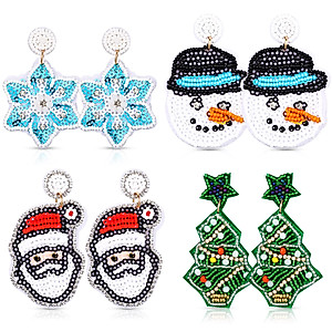 Jeyiour 4 Pair Christmas Beaded Earrings for Women Holiday Drop Dangle Earring Christmas Jewelry for Women Costume Decoration(Vivid Style)