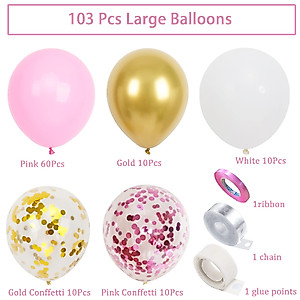 Pink Gold Confetti Balloons Arch Kit, 103 Pack 12inch Pink and Gold White Latex Balloons, Birthday Balloons for Girls, Baby Shower Balloons