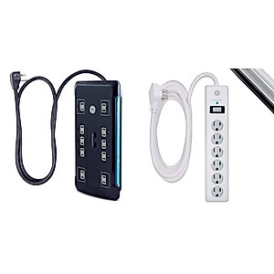 GE UltraPro 10 Outlet Surge Protector & GE 6-Outlet Surge Protector, 10 Ft Extension Cord, Power Strip, 800 Joules, Flat Plug, Twist-to-Close Safety Covers, UL Listed, White, 14092