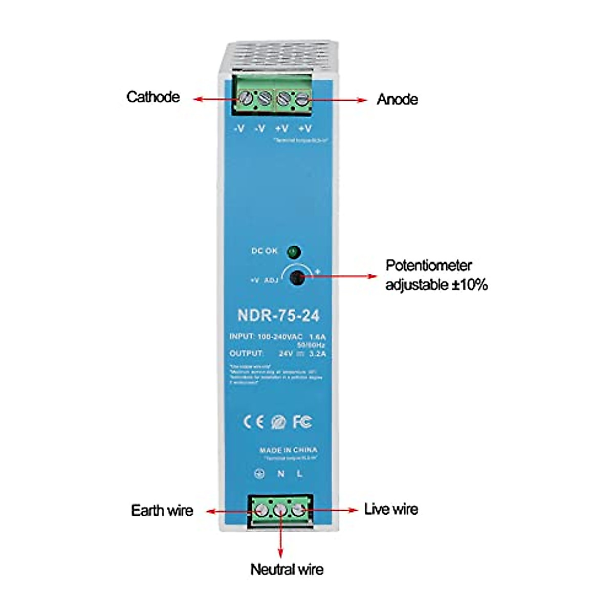 NDR‑75‑24 Rail Power Supply 3.2A 76.8W Electrical Power Accessories Rail Power Supply Switch AC100‑240V Industrial Power Supply