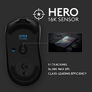 Logitech G703 Hero w/16K Sensor Lightspeed Wireless Gaming Mouse - Black (Renewed)