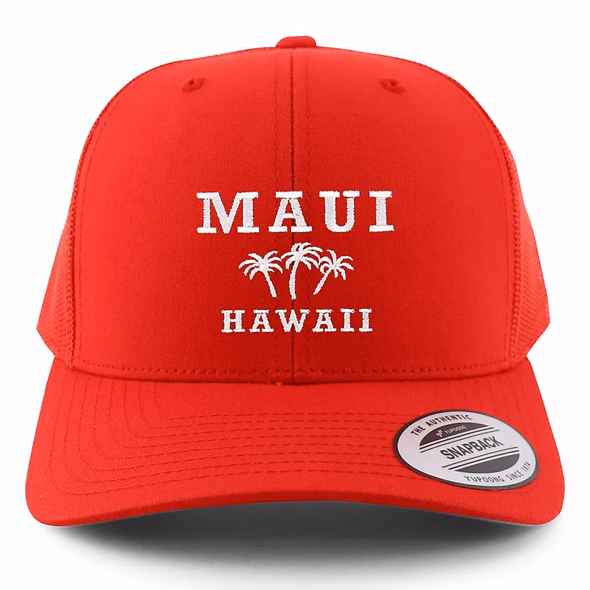 Trendy Apparel Shop Maui Hawaii with Palm Tree Embroidered Retro Trucker Mesh Cap - Red