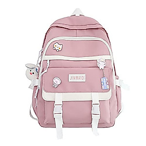 MEOKIM Kawaii Backpack with Cute Pin Accessories Plush Pendant Student Bag Large Capacity Waterproof Travel Backpack(Pink)