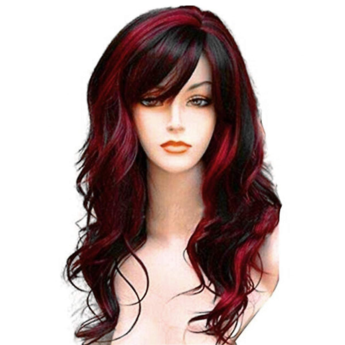MeCamping Short Curly Wig with Bangs Synthetic Long Hair Wavy Red Mixed Black Wigs Party Cosplay Costume Halloween Wig Resistant Fiber Hair for Women Girls, 24 Inch (Pack of 1), Red mixed with black