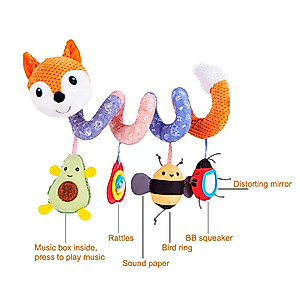 ORZIZRO Car Seat Toys, Baby Plush Spiral Hanging Toys for Stroller Crib Bar Bassinet Car Seat Mobile with Music Box BB Squeaker Rattles- Orange Fox
