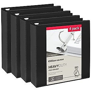 Office Depot® Heavy-Duty View 3-Ring Binder, 2" D-Rings, Black, 49% Recycled, Pack Of 4