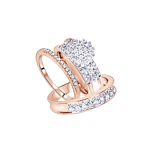 AFFY White Natural Diamond Engagement & Wedding Trio Bridal Ring Set in 10K Solid Rose Gold (1 Carat, I-J Color, I2-I3 Clarity)