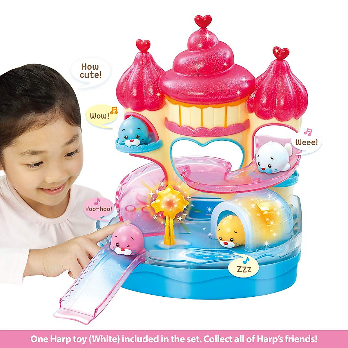 TOYTRON Baby Seal Harp, Harp and Friends, Ice Cream Castle, Battery Operated Interactive Playset Toy with Various Light and Sound Effects - 3 Years and up