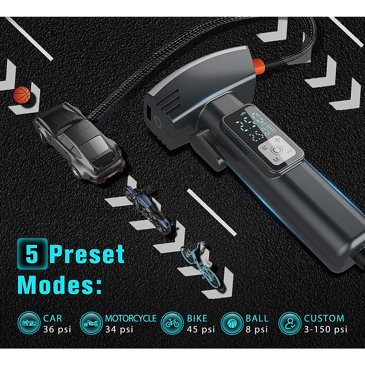 AUXTUR 6IN1 Vehicle Tire Inflator Portable Air Compressor|Escape Tool with Safety Hammer and Seat Belt Cutter|Car Tire Air Pump with LED Light|Digital Tire Pressure Gauge|Car Accessories for Emergency