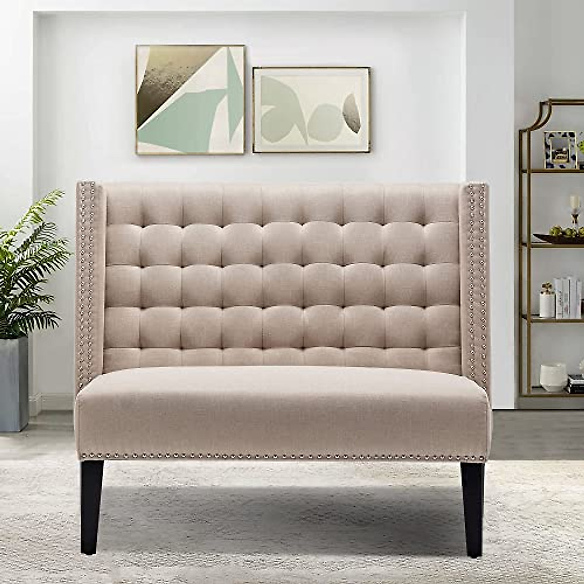 Yongqiang Modern Upholstered Bench with Back Tufted Loveseat Settee for Dining Room Living Room Entryway Sofa Couch Banquette with Wood Legs Khaki