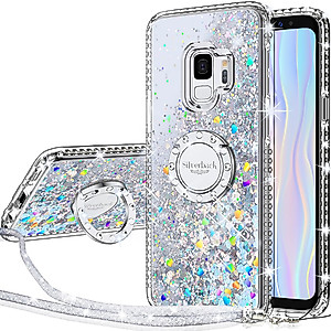 Silverback for Galaxy S9 Case, Moving Liquid Holographic Sparkle Glitter Case with Kickstand, Bling Diamond Rhinestone Bumper Ring Slim Protective Samsung Galaxy S9 Case for Girls Women - Clear Silver