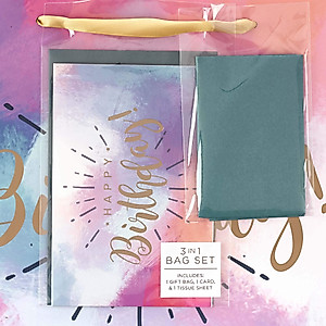 WITH LOVE Happy Birthday Women's Large Gift Bag Set w/Card & Tissue Paper Blue Pink Purple Watercolor Design for Her Birthday Inspirational Gift Wrap Bag, Landscape 10" x 12.5" x 3.9"