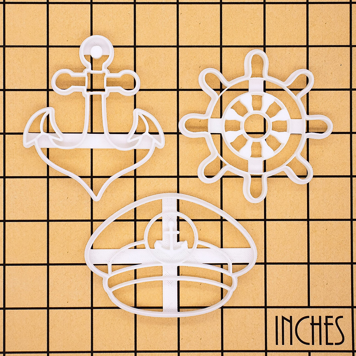 Set of 3 Nautical cookie cutters (Designs: Anchor, Captain's Hat and Ship's Wheel), 3 pieces - Bakerlogy