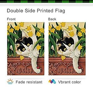 CMEGKE Spring Summer Cat Garden Flag, Spring Summer Cat Daffodils Flags, Spring Summer Flags Summer Spring Rustic Vertical Double Sided Burlap Cat Daffodils Floral Home Holiday Party Farmhouse Yard Lawn Outside Decorations 12.5 x 18 In