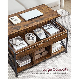 VASAGLE Lift Top Coffee Table for Living Room, Industrial Coffee Table with Hidden Compartments and Storage Shelf, Steel Frame, Rustic Brown and Black