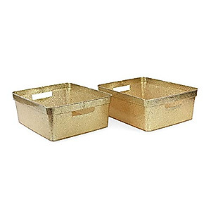 Isaac Jacobs Medium Glitter Storage Bin (14” x 11.5” x 5.5”) Set w/Cut-Out Handles, Plastic Organizer, Multi-Functional, Home Storage Solution, Kids Playroom, Bedroom, Closet (2, Gold)