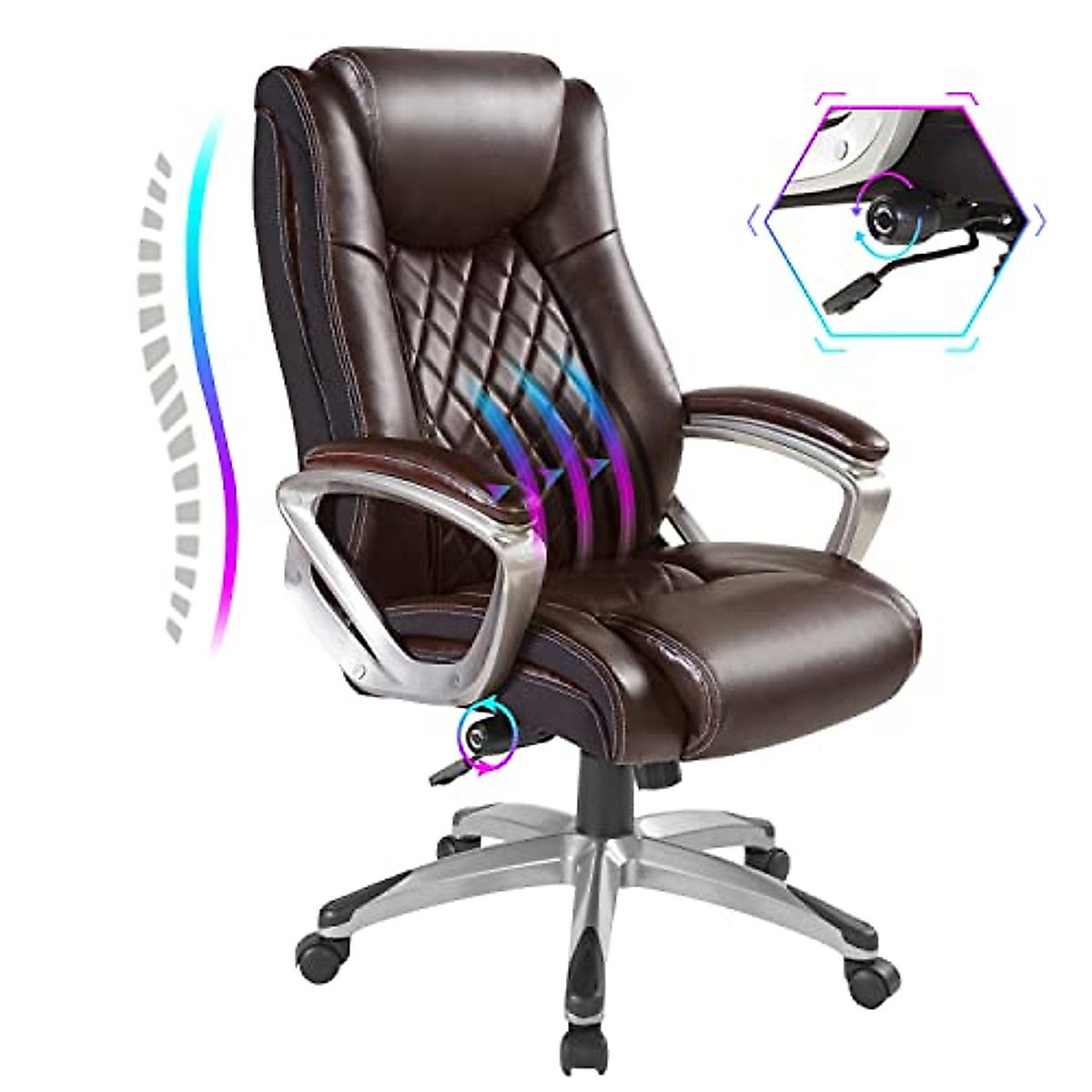 BOWTHY Executive Office Chair 300lbs - Adjustable Built-in Lumbar Support, High Back Office Chair PU Leather Chairs with Padded Armrest, Desk Chairs with Wheels Ergonomic Design for Back Pain (Brown)