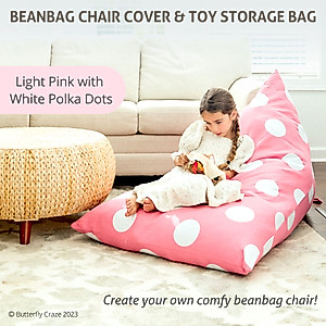 Butterfly Craze Bean Bag Chair Cover, Functional Toddler Toy Organizer, Fill with Stuffed Animals to Create a Jumbo, Comfy Floor Lounger for Boys or Girls, Stuffing Not Included, Light Pink Polka Dots