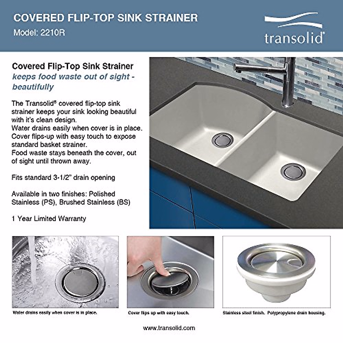 Transolid K-STSB15156-1 Select 1-Hole Drop-in Single-Bowl Kitchen Sink Kit, 15" L x 15" x 6", Brushed Stainless Steel